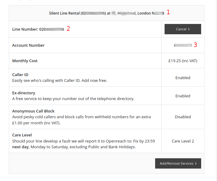 Account and Service Information for One Touch Switching